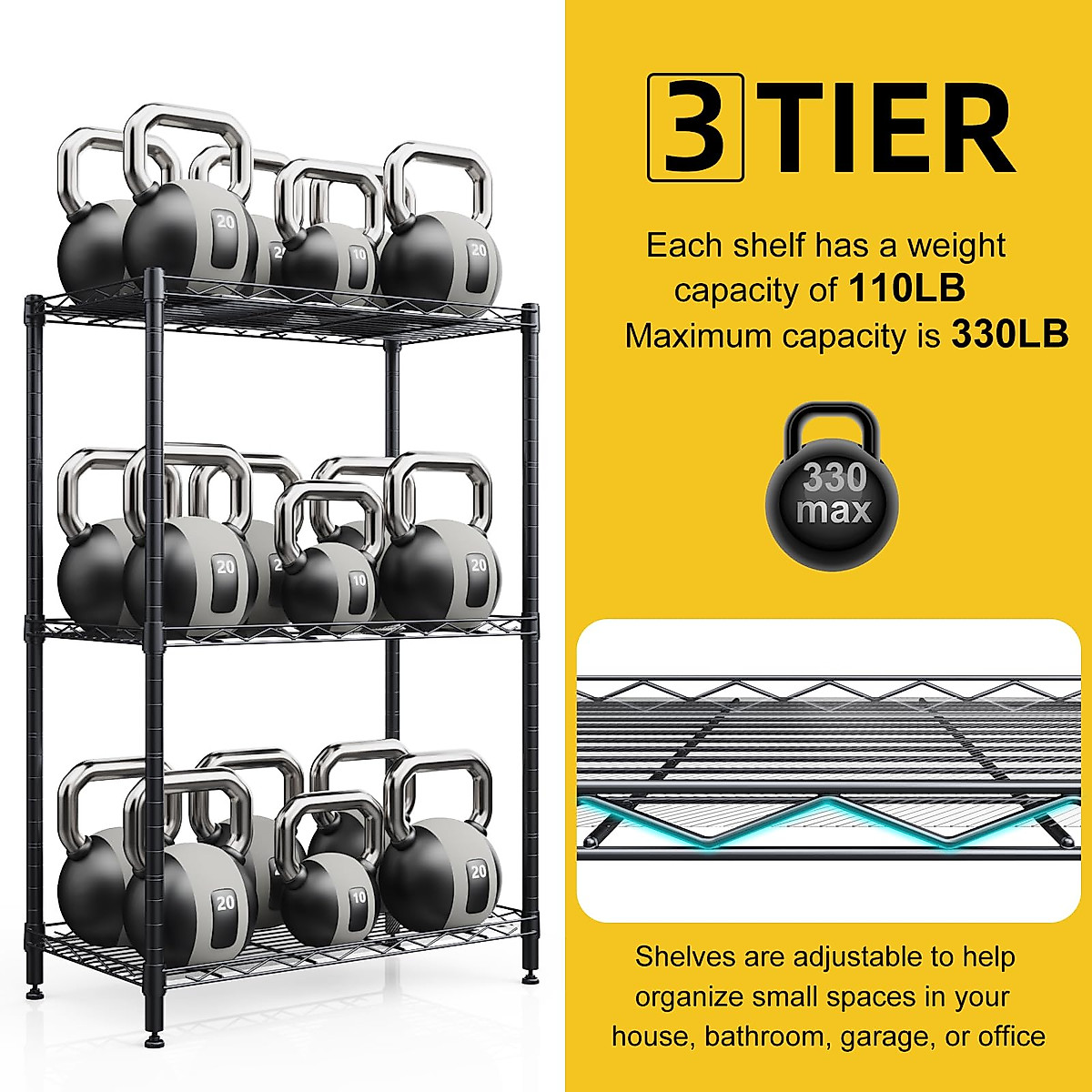 SsngygHme 3 Tier Shelves Storage, Wire Shelf Unit, Standing Adjustable Metal Shelves Organizer, Storage Racks for Restaurant Garage Pantry Kitchen Garage（Medium，11.8" W x 21.5" L x 35.5" H）