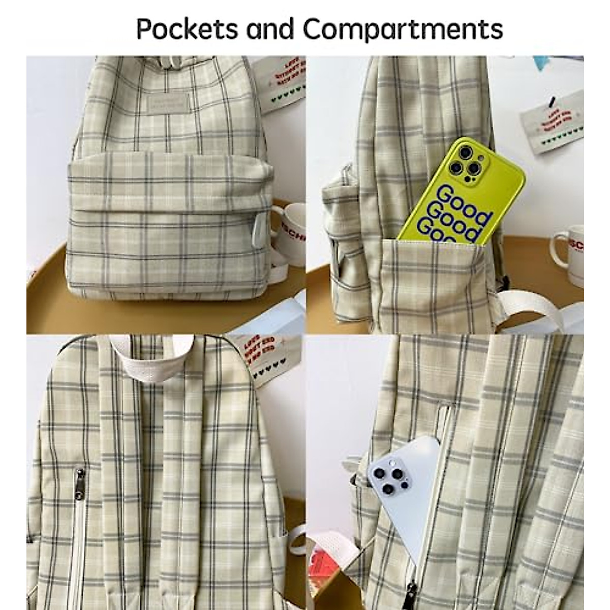 JHTPSLR Light Academia Aesthetic Backpack Plaid Preppy Backpack Teen Girls Book Bags Back to School Backpack Supplies (Beige)