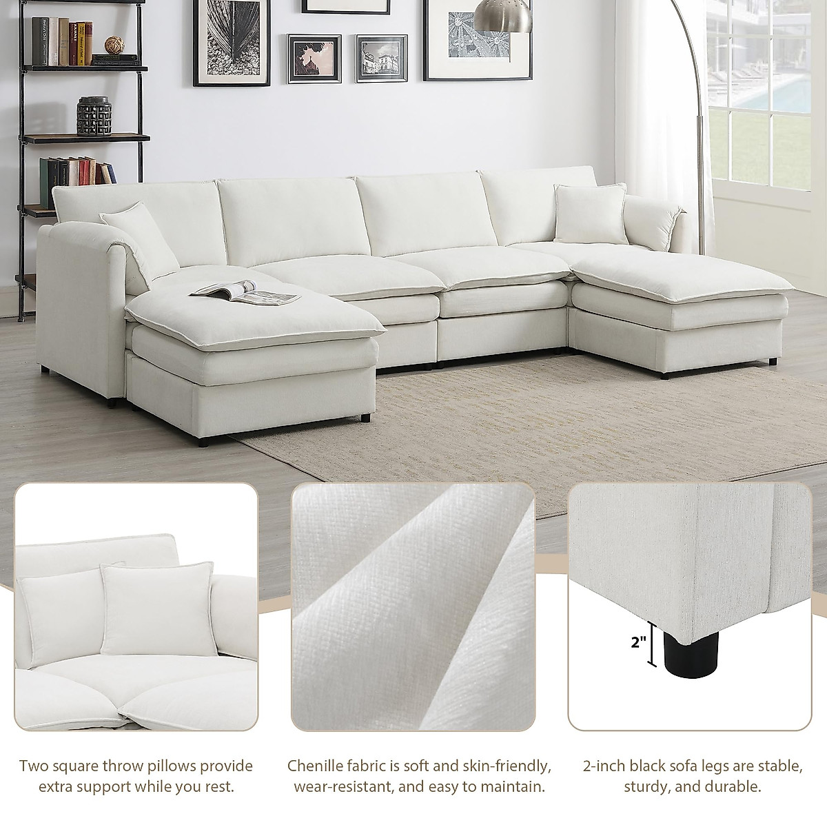 Modern 6-Seat Chenille Modular Sectional Sofa for Living Room, U-Shaped Cloud Couch Set with Double Cushions,Ottomans Cream