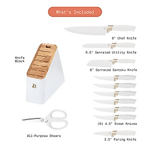 SeaMory 12 Piece Knife Block Set, Soft-Grip Ergonomic Handles, Stick Resistant, Razor Sharp, Comfortable, Easy Care, BPA-Free, White & Gold