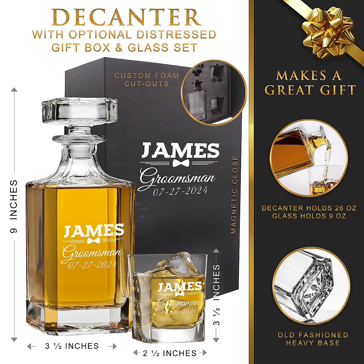 Custom Personalized Best Man, Groomsmen, Groom Whiskey Decanter and Rocks Glasses Set - Engraved with WPS Design (Decanter and 2 Glasses)