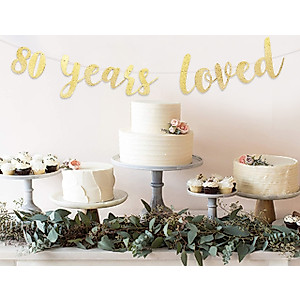 Gold Glitter 80 Years Loved Banner - Happy 80th Birthday Banner，80th Birthday Party Photo Decoration Props，suitable for Background Banners on 80-year-old Male and Female Birthday Party，80th Wedding Anniversary Banner