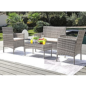 Greesum Patio Furniture 4 Pieces Conversation Sets Outdoor Wickerr Rattan Chairs Garden Backyard Balcony Porch Poolside loveseat with Soft Cushion and Glass Table, Gray and Beige