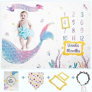 TRENSOM Little Mermaid Blanket Baby Monthly Milestone Blanket Girl Personalized Fleece Months Blakets Newborn Shower Nursery Decor with One Bib & Hedbd Two Frames,Large 59”x40”