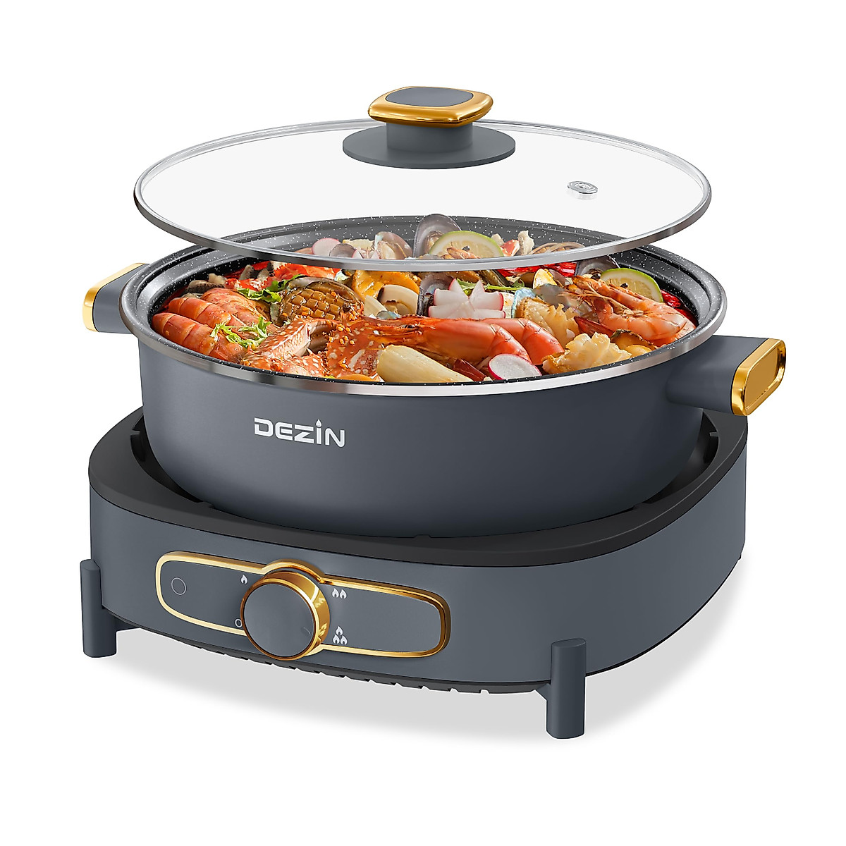 Dezin Electric Shabu Shabu Pot with Removable Pot, 5L Non-Stick Hot Pot Electric with Multi-Power Control, 3.7" Depth Electric Pot with Tempered Glass Lid for Party, Family and Friend Gathering