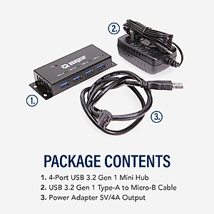 Compact 4-Port USB 3.2 Gen 1 Mini High-Power Hub w/Power Adapter, Port Status LEDs, 5 Gbps Data, Surface Mountable