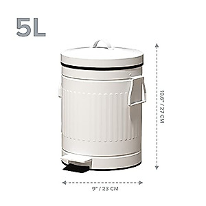 Retro Trash Can with Lid - 5L/1.3 Gal Step Trash Can w/ Soft Closing Lid - Round Garbage Can w/ Handles - Touchless Trash Can w/ Removable Garbage Guard Bucket - Outdoor Garbage Can - Large Trash Bin, White