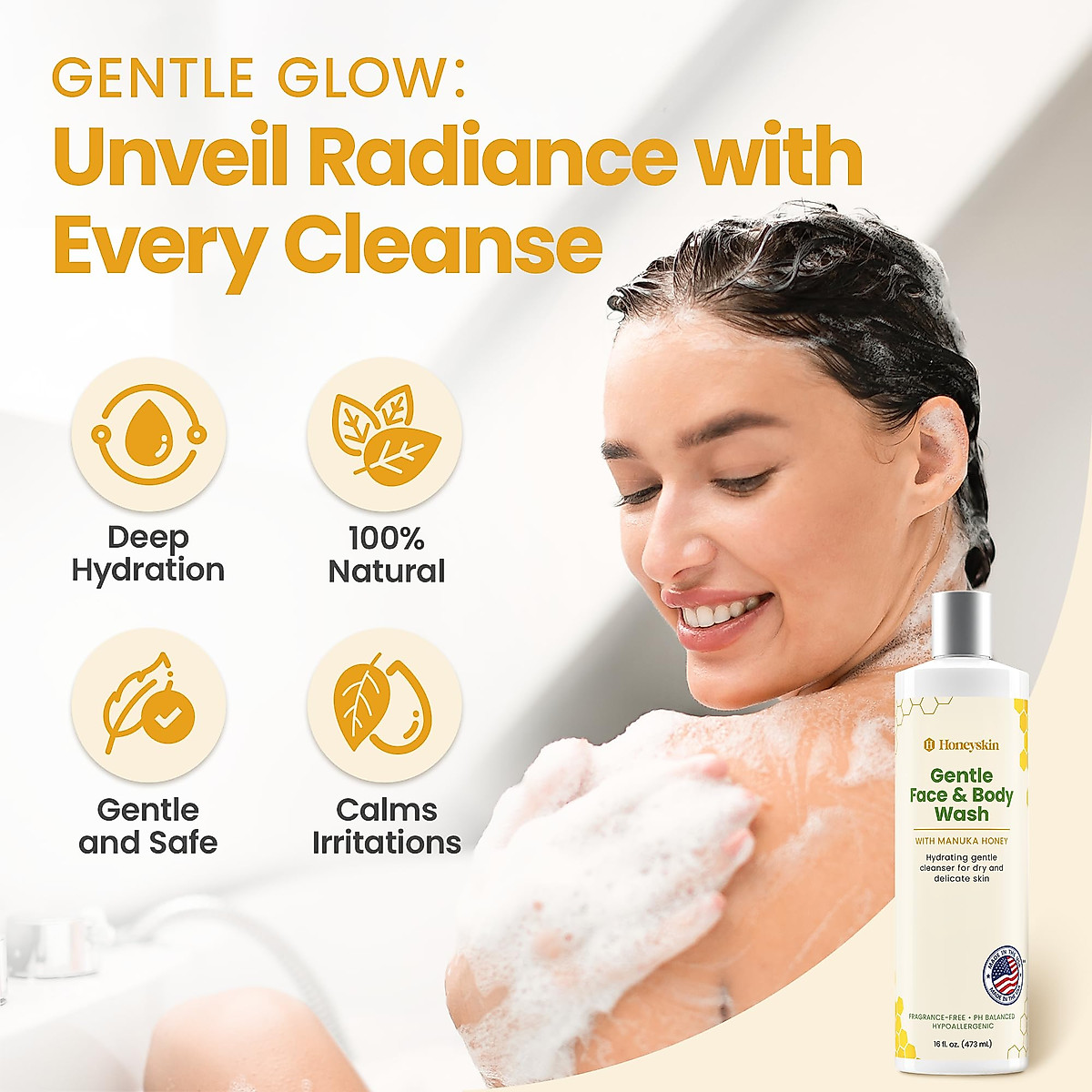 Face and Body Wash for Women and Men - Acne Body Wash Moisturizing for Sensitive Skin - Hydrating Facial Cleanser - Gentle Exfoliating Wash - with Manuka Honey (16oz)
