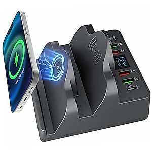 FORYOU Charger Station Wireless Charger Phone with QC/PD Ports, 8 in 1 Fast Charging Pad Wireless Phone Charger for iWatch/Airpods/Samsung/Android/iPhone 14 13 12 for Travel Essentials