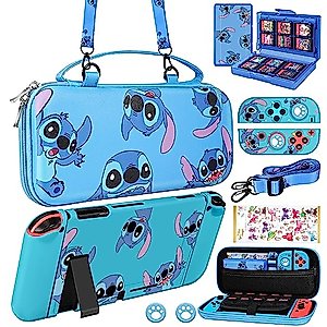 Xinocy for Nintendo Switch 9 in 1 Storage Accessories Kit with Travel Carrying Case+Switch Protective Cover+Game Case Holder+Strap+Sticker+2 Joycon Shells+2 Thumb Caps Cute for Boys Kids Girls -Stit