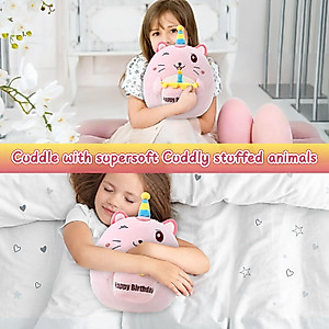 MILEGI 12’’ Happy Birthday Cake Cat Plush Pillow, Cat Stuffed Animal with Stereo Cake, Happy Birthday Plush Toy Cute Cat Plushie Doll, Home Room Decoration Pink Birthday Gifts for Girls Boys Kids