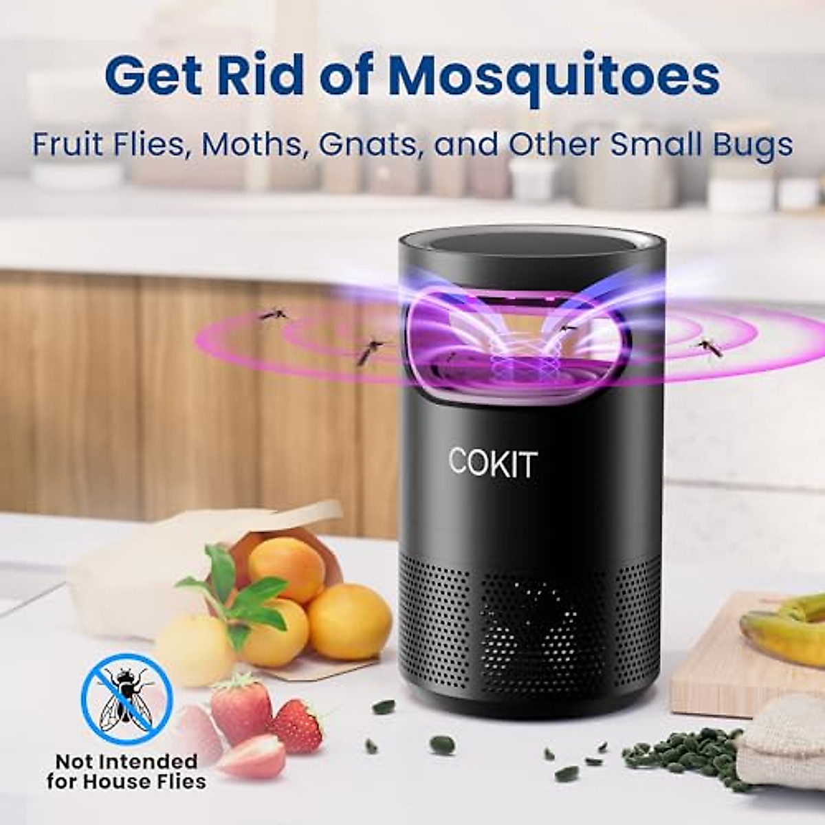 COKIT Indoor Insect Trap, Catch Insect with Suction, Bug Light and Sticky Glue, Catcher & Killer for Mosquito, Gnat, Moth, Fruit Flies, Non-Zapper Traps for Home with Adapter, Glossy Black