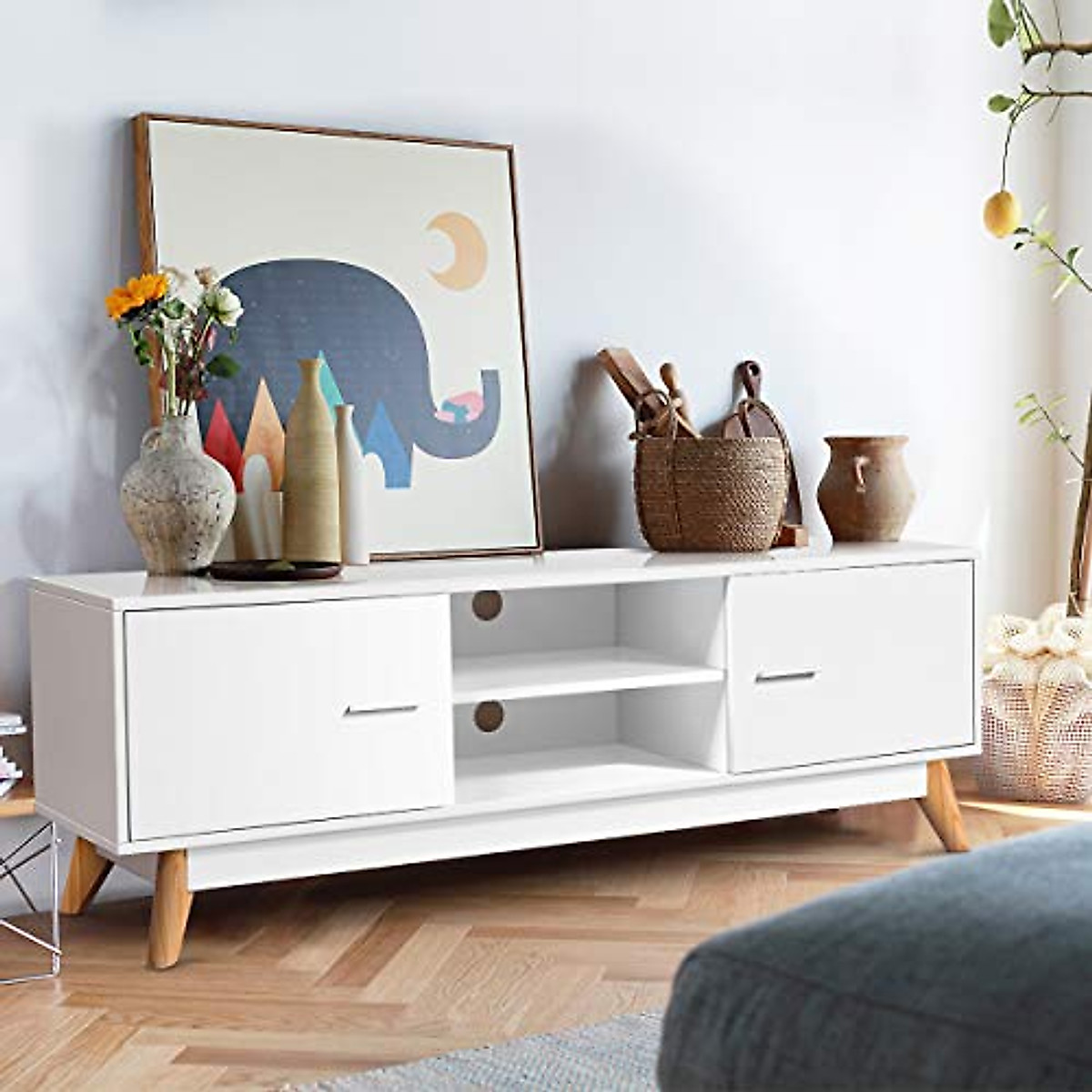 Tangkula TV Stand, Modern White TV stand for 60 Inch TV, with 2 Storage Cabinets & 2 Open Shelves, for Home Living Room Furniture, Wood TV Stand