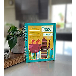 Meadowsweet Kitchens Takeout Menu Holder Organizer, Restaurant Coupon & Menu Binder w/ 8 Large Pockets, 10 Sticker Labels, & Elastic Closure, Take Out Menu Book Sleeve Spiral Binder (Colorful Kitchen)