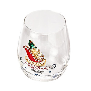 Crystal Christmas Santa's Sleigh Wine & Water Glasses - Set of 2, 17.5oz - Xmas Diamond New Years Santa Holiday Festive Theme Stemless Glass - New Year Holiday Gifts for Men Women Friend Family