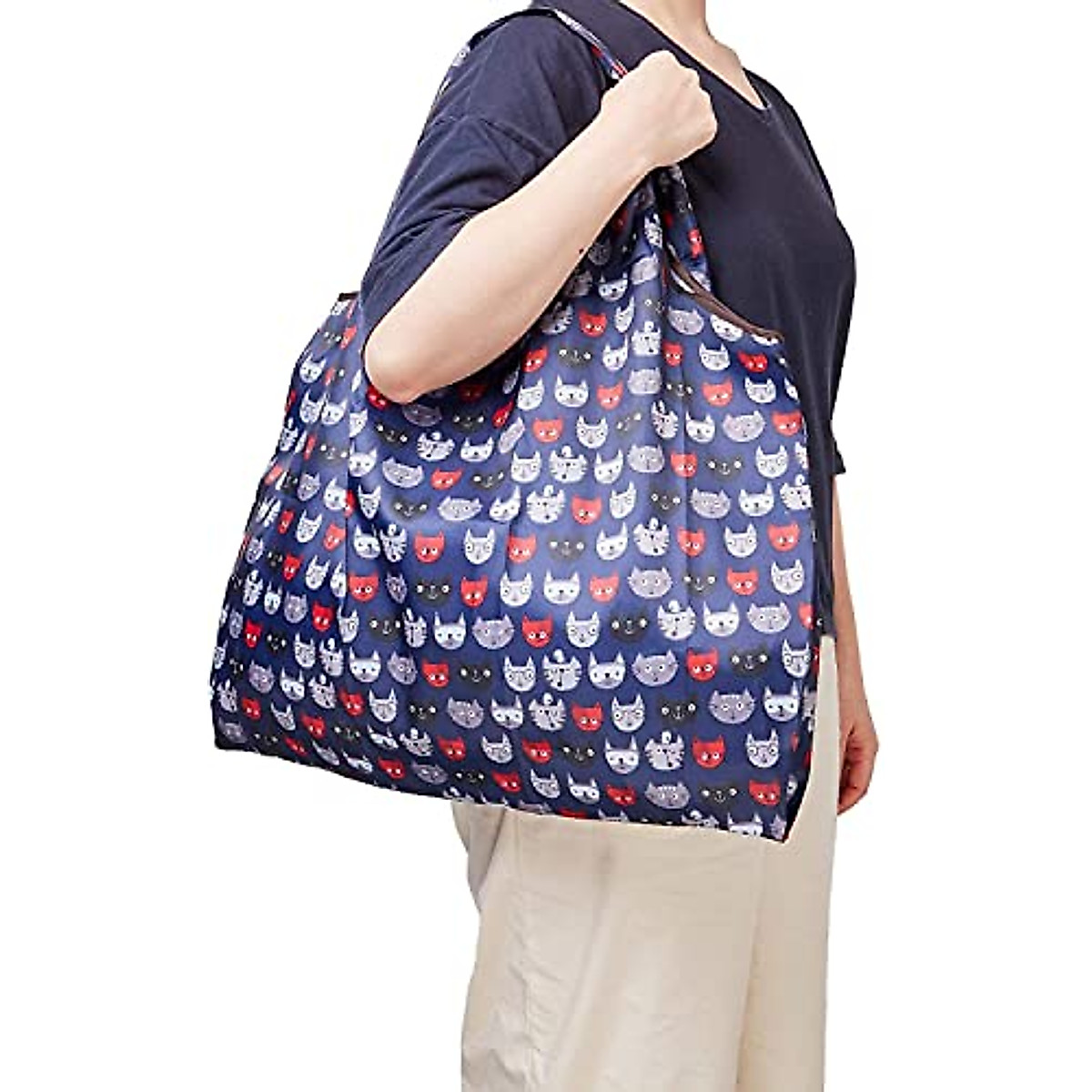 ZEWZE Reusable Shopping Bag, Foldable, Washable Grocery Tote with Pouch, environmental protection, light, small and portable (Cat (blue)+Cat (yellow))