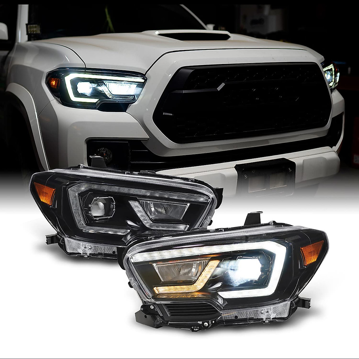 AKKON - [Full LED] For 2016-2023 Toyota Tacoma SR/SR5 LED Sequential Retrofit Projector Black Headlights Assemblies