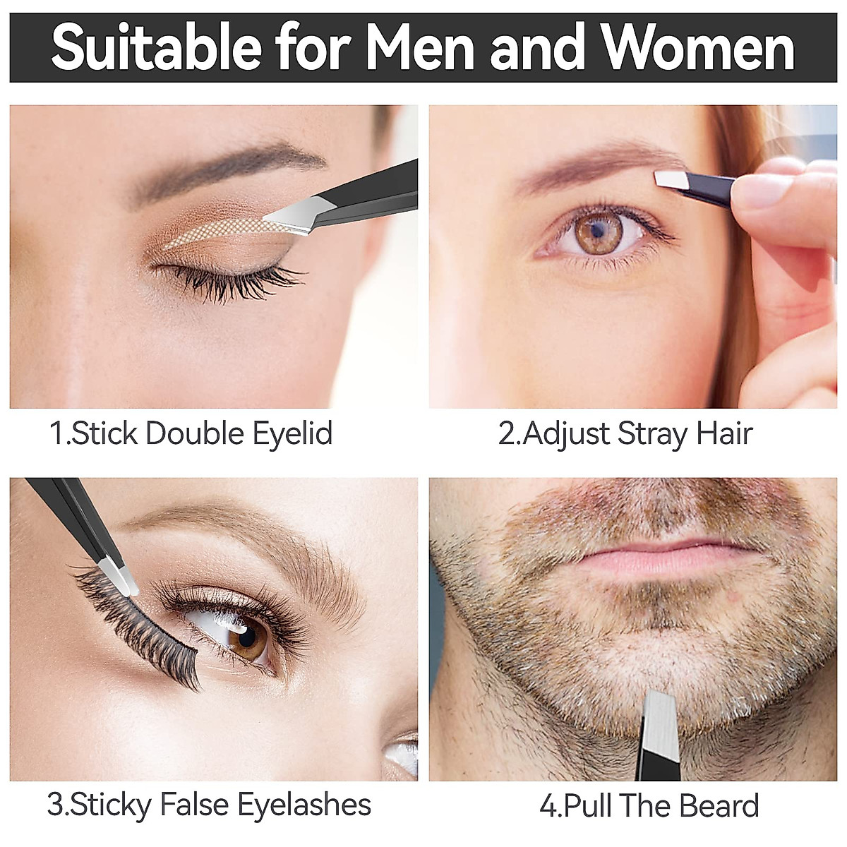 Tweezers Set-4 Pieces Slanted and Pointed Stainless Steel Tweezers (Black)