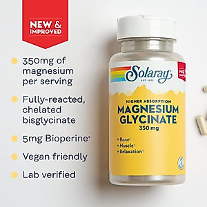 Solaray Magnesium Glycinate, New & Improved Fully Chelated Bisglycinate with BioPerine, High Absorption Formula, Stress, Bones, Muscle & Relaxation Support, 60 Day Guarantee (30 Servings, 120 VegCaps)