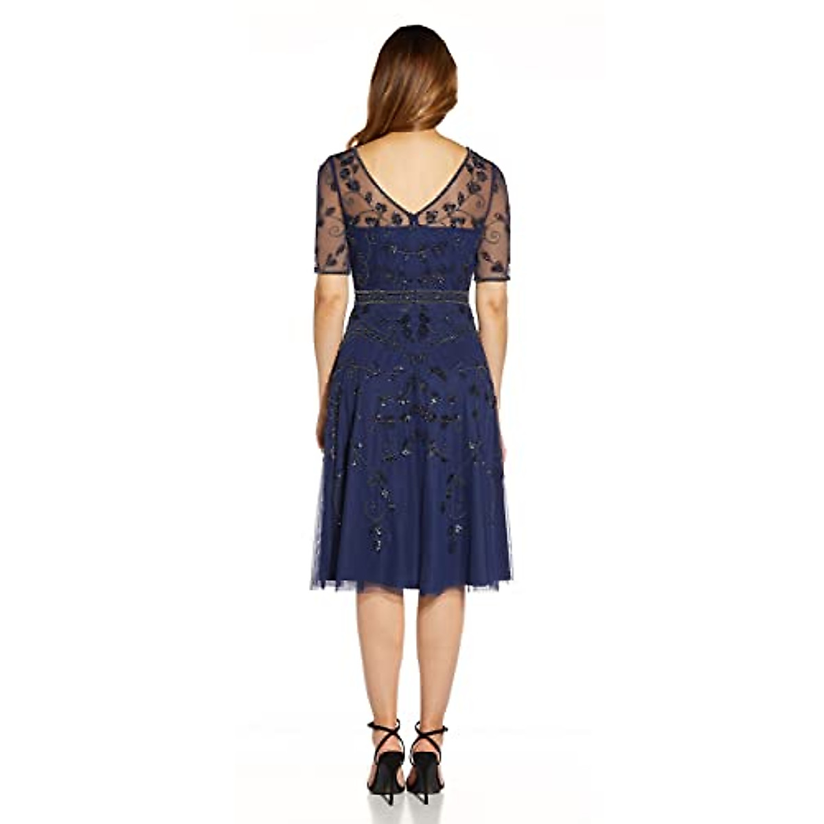Adrianna Papell Women's Beaded MIDI Dress, Light Navy, 6