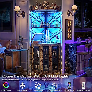 Aheaplus Corner Bar Cabinet with Power Outlet, Industrial Wine Cabinet with LED Strip and Glass Holder, 5-Tiers Liquor Cabinet Bar Unit for Home, Corner Display Cabinet for Small Space, Rustic Brown