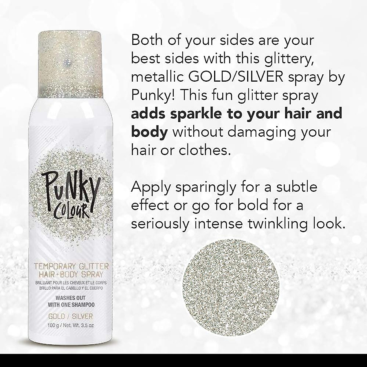 Punky Temporary Hair and Body Glitter Spray, Gold/Silver -Lightweight Shimmery Hairspray for Hair, Skin, and Clothes, Sparkly Glow for Parties & Events, 3.5 oz