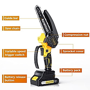 Mini Chainsaw Cordless 6 inch, Powerful Brushless Motor Chain saw, Hand Held Battery Chainsaw, 2.2 lbs Portable Small Electric Chainsaw, 21V 2000mAh Battery*2, For Tree Trimming Wood Cutting.