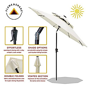 FLAME&SHADE 9 ft Double Top Solar Powered Outdoor Market Patio Table Umbrella with LED Lights and Tilt, Ivory