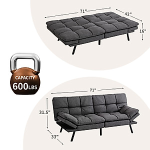 MUUEGM Futon Couch Futon Sofa Bed Small Sofa Loveseat Sleeper Sofa Leather Daybed, 71" Sofabed, 2 Seater Memory Foam Sofa for Small Space, Dark Grey