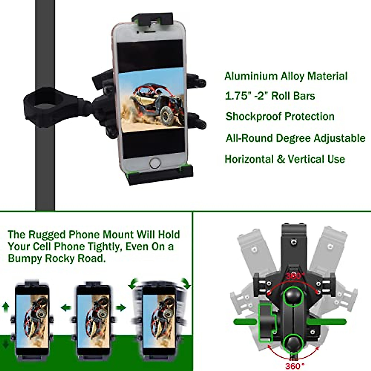BIZOCO UTV 360°Adjustable Phone Mount, Mobile Phone Holder with high-Density Metal Security Lock Device, Suitable for 1.75"-2" Roll Bar UTV, Polaris RZR 900 1000 XP/Can-am SXS Accessories