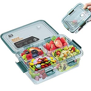 [Green]Air Tight Fresh Container,Divided Container Box with 4 Removable Boxes,Portable Travel Snack Containers,Food Storage Container with Vents Stay Fresh Containers,for Fruit Vegetable Salad Snack