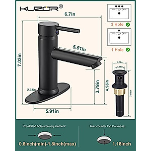 KUZOR Bathroom Faucets 1 or 3 Hole Single Handle Bathroom Sink Faucet Solid Brass Matte Black Bathroom Faucet with Optional Deck Plate 4 Inch Centerset Pop Up Drain and Water Supply Hoses Included