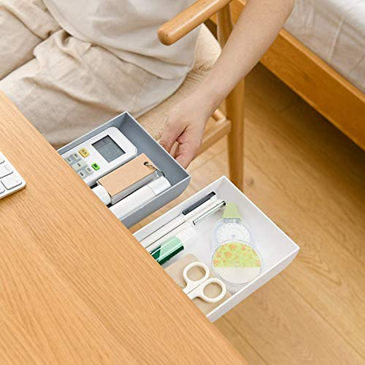 FOOF KOVIIOL Under Desk Drawer,Slide Out Small Attachment Standing Desk Hidden Self Adhesive Stick Drawer Desk Pencil Drawer Organizer And Storage For Desktop 2 Pack