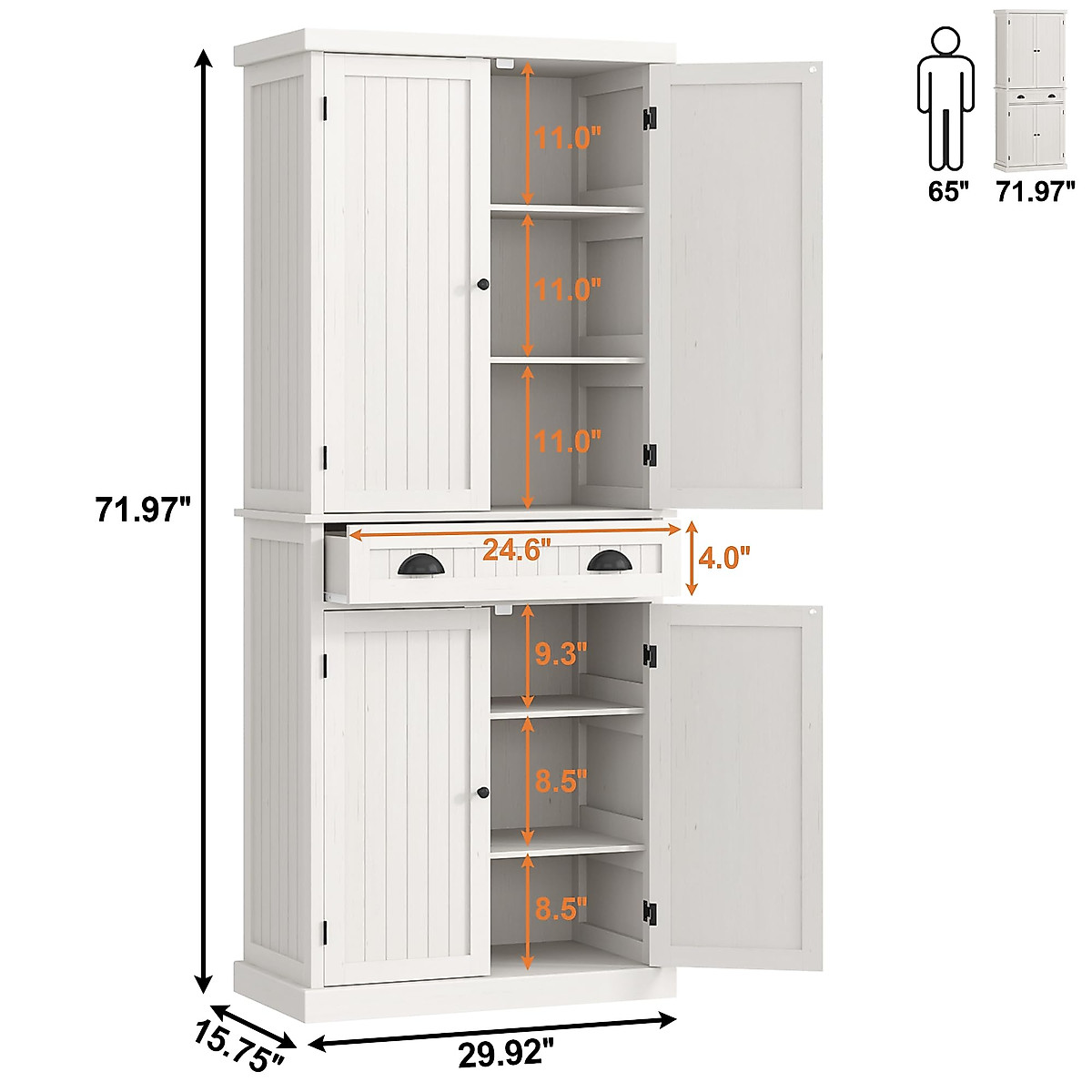 Function Home 72" Kitchen Pantry Cabinet, Tall Storage Cabinet, Freestanding Cupboard with Drawer and Adjustable Shelves, Pantry Cabinets for Kitchen Bathroom Living Room, White