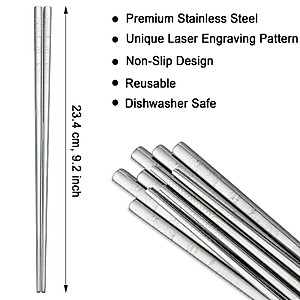 10 Pairs Chopsticks Reusable, Bestdin Metal Chopsticks Reusable with Unique Laser Engraving Pattern, 9.2 Inch Stainless Steel Chop Sticks for Asian Food, Square Non-Slip ChopSticks, Dishwasher Safe