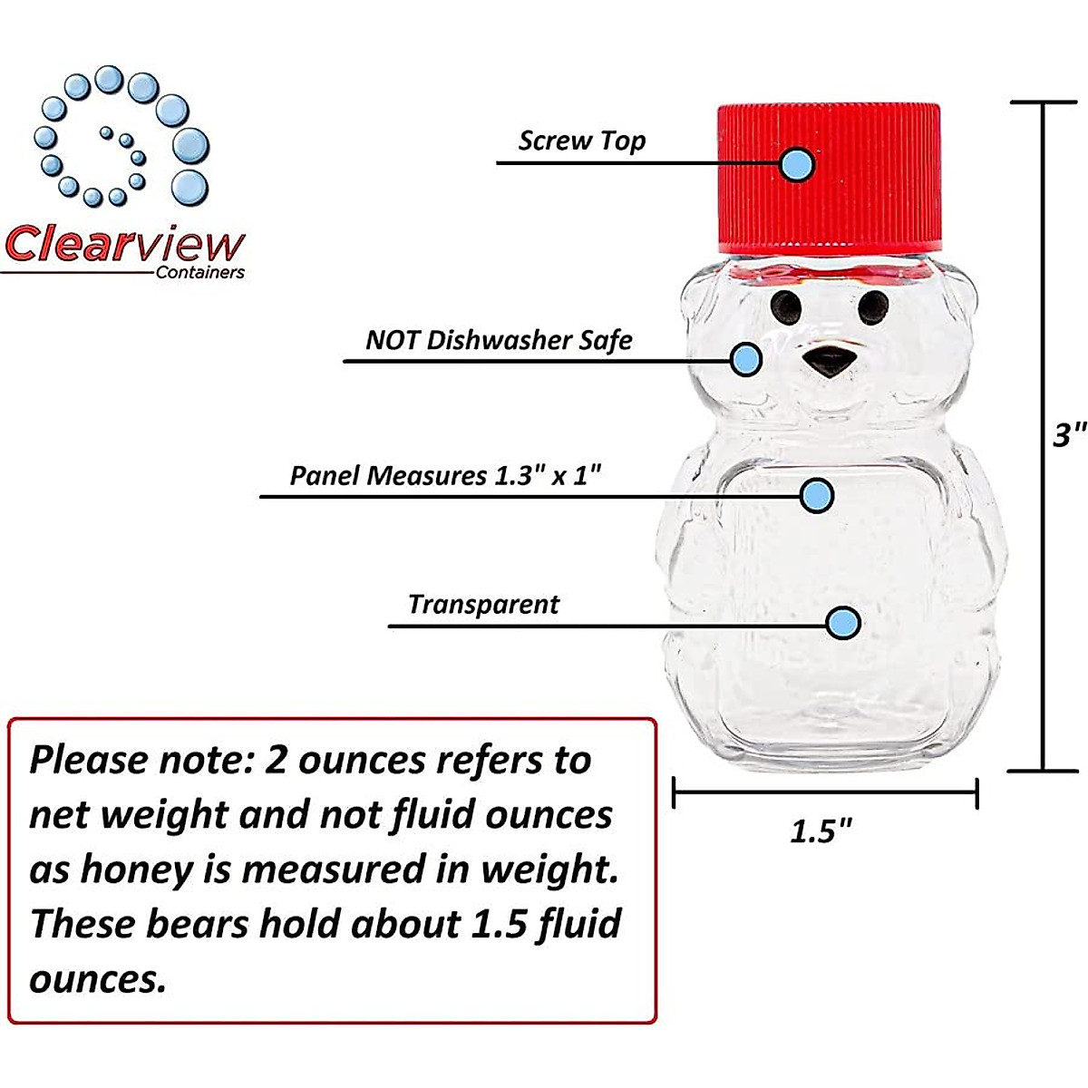 Clearview Containers | 2 Ounce Honey Bears with Screw Top Lid | Red, 24 Pack | Perfect for Holidays, Baby Shower Gifts, Beekeeping, Honey Dispensing