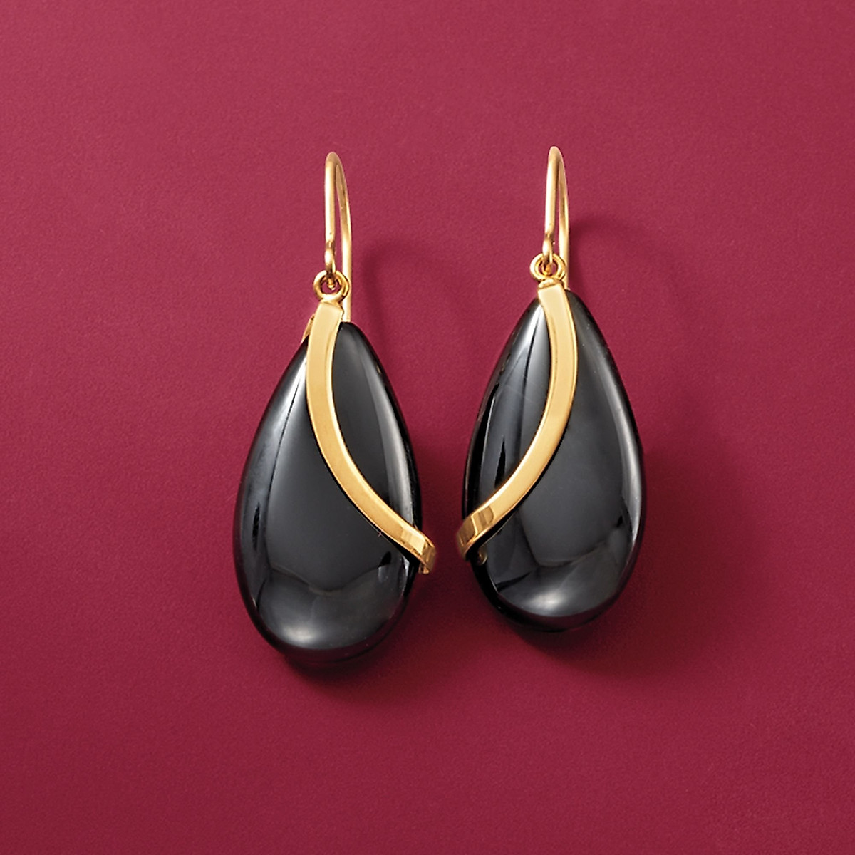Ross-Simons Pear-Shaped Black Onyx Drop Earrings in 14kt Yellow Gold