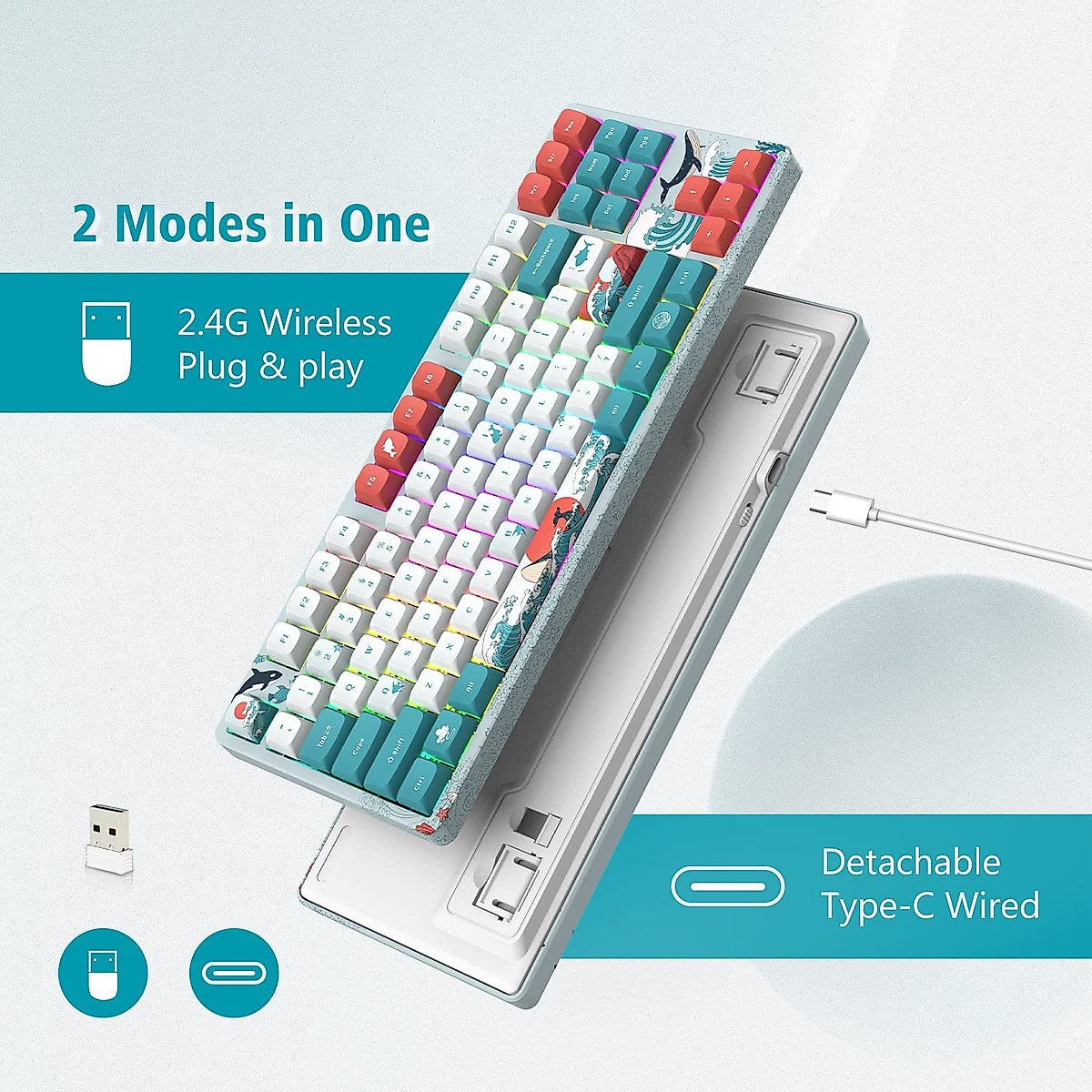 Womier M87 TKL Mechanical Keyboard, Hot Swappable Wireless Gaming Keyboard 87 Keys, RGB Backlit Custom Keyboard Onboard Memory for Windows Mac PC Gamer (Coral Sea, Gateron Red Switch)