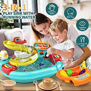 LEWANT Play Sink with Running Water, Kids Kitchen Sink & Fishing Playset with Electric Faucet, Toy Kitchen Accessories, Play Food, Dishwasher Toy for Toddler Girl Boy Birthday
