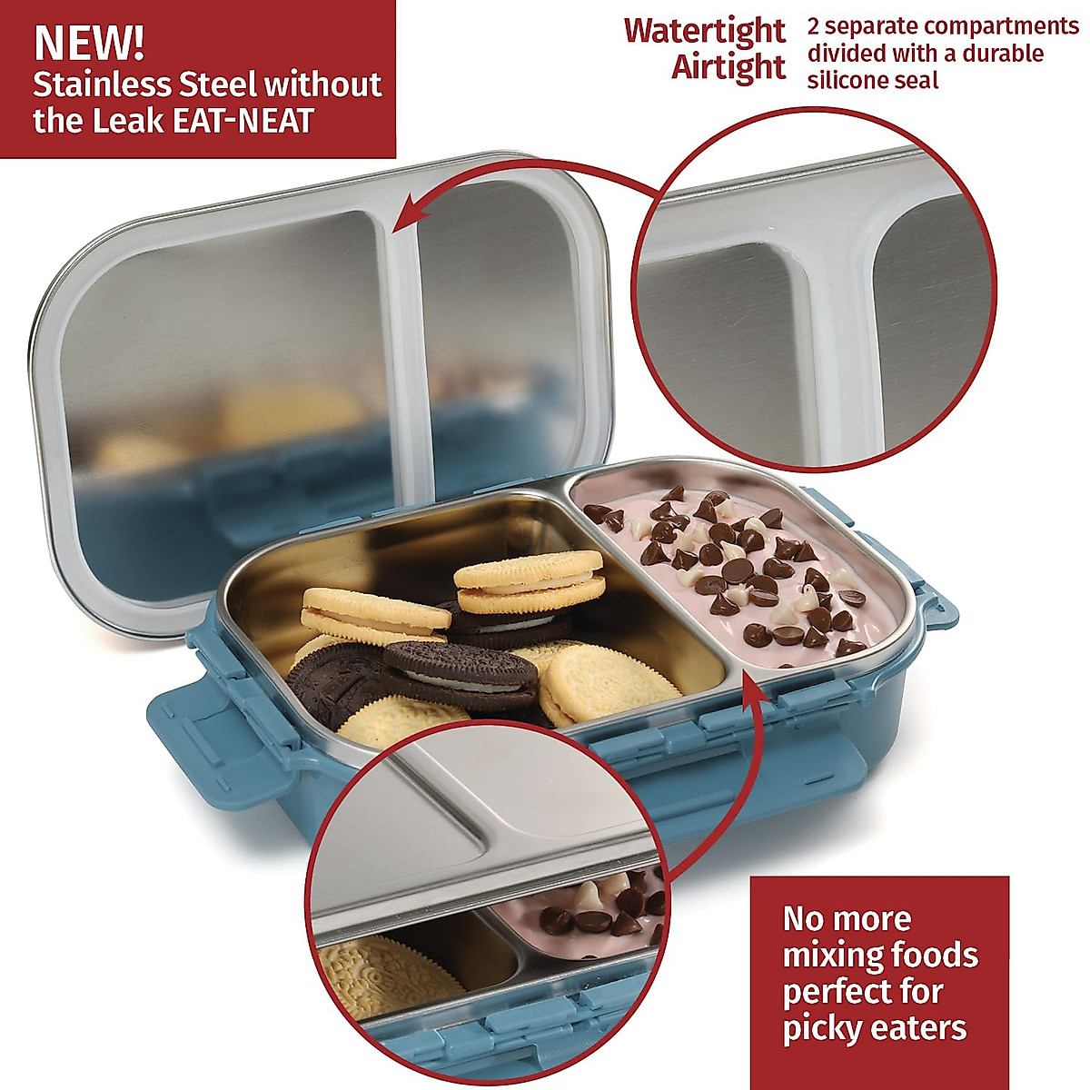 Signoraware Stainless Steel Bento Box For Men, Blue, 34 Oz, Leakproof Between 2 Compartments, Portion Control, Easy To Carry