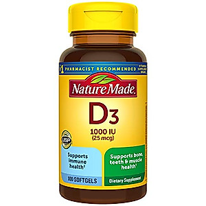 Vitamin D3, 100 Softgels, Vitamin D 1000 IU (25 mcg) Helps Support Immune Health, Strong Bones and Teeth, & Muscle Function, 125% of the Daily Value for Vitamin D in Only One Daily Softgel