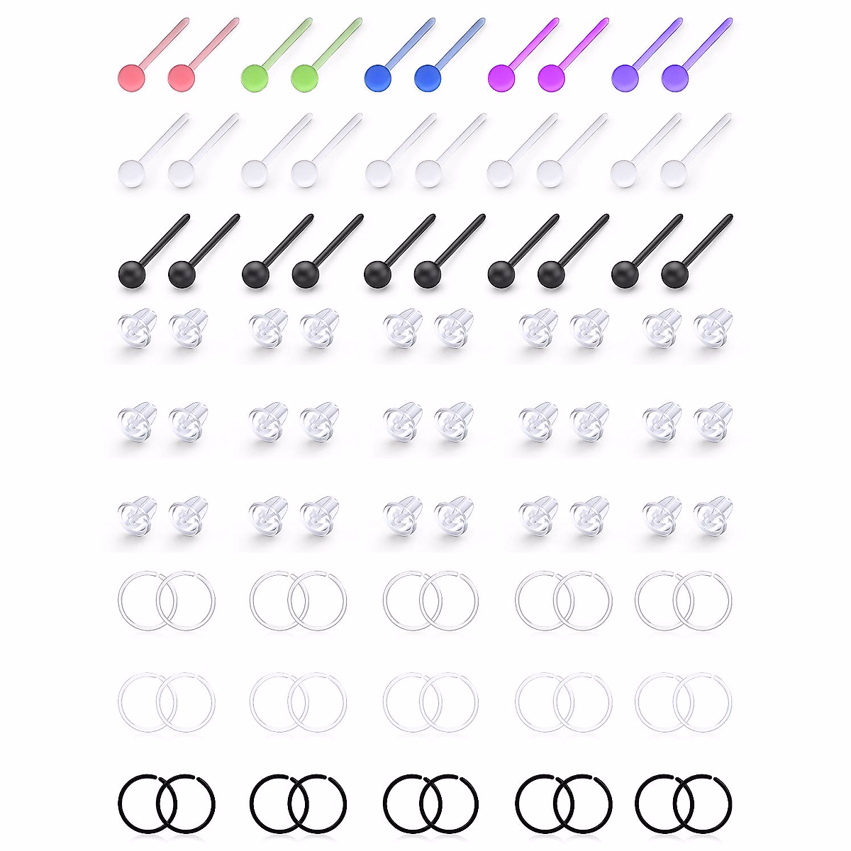 Ftovosyo Invisible Plastic Earring Posts Clear Ear Hole Retainer Hoop Earring Studs Clear Ear Spacers Piercing Jewelry for Men Women Kids Sports Work, Silicone Rubber Backs Earnuts