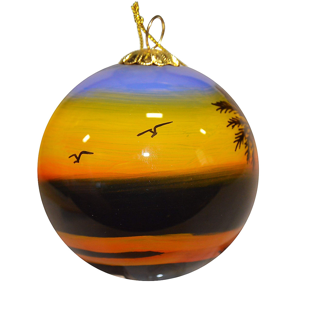 Blown Glass Christmas Ornament | Sunset Palm Trees and Seagulls | Hand Painted Inside | Original Art | Includes Gift Box