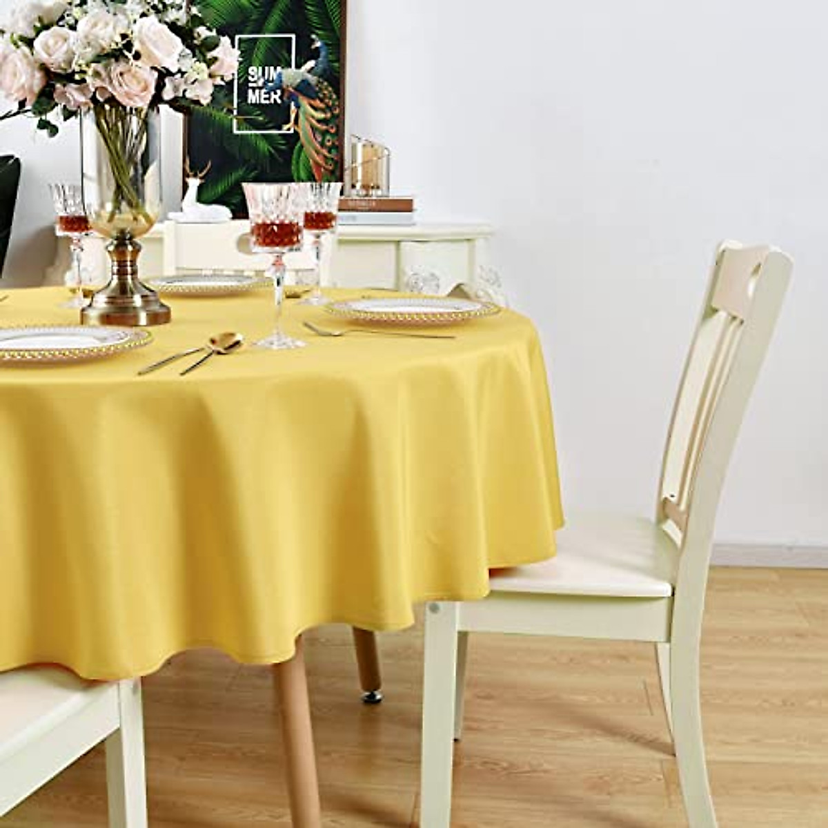 KAIPHO Yellow Round Tablecloth Waterproof Stain Resistant Wrinkle Free Table Cloth 210GSM Polyester Washable Wipeable Table Cover for Party, Banquet, Wedding, Indoor and Outdoor (48 inch, Circle)