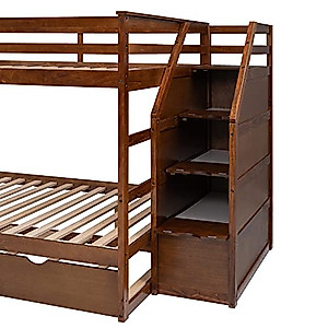 ODC Full Over Full Bunk Bed with Trundle,Solid Wood Stairway Bunk Bed with Twin Size Trundle and 3 Storage Stairs, Full Length Guardrail for Guests Room,Bedroom