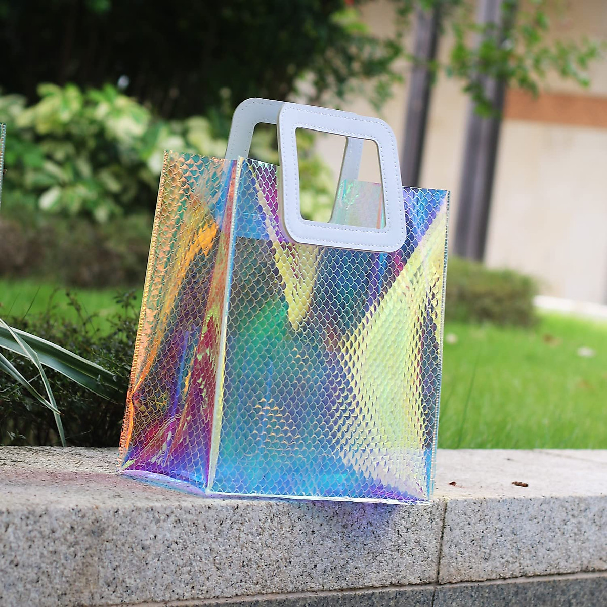 Reusable Gift Bag 11 x 9.8 x 5.1 Inches Iridescent Holographic Large Medium Size Gift Bags with Handle Mermaid Fish Scales Cute Handbags for Birthday, Christmas,Party, Baby Shower,Wedding, Women,Girls 1 PCS