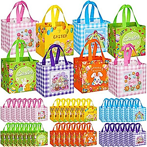 48 Pcs Easter Gift Bags Easter Reusable Treat Bags Easter Non Woven Bags Easter Tote Bags with Handle Easter Goodie Bags for Kids Waterproof Tote Bags Rabbit Bunny Bag for Easter Party Favors