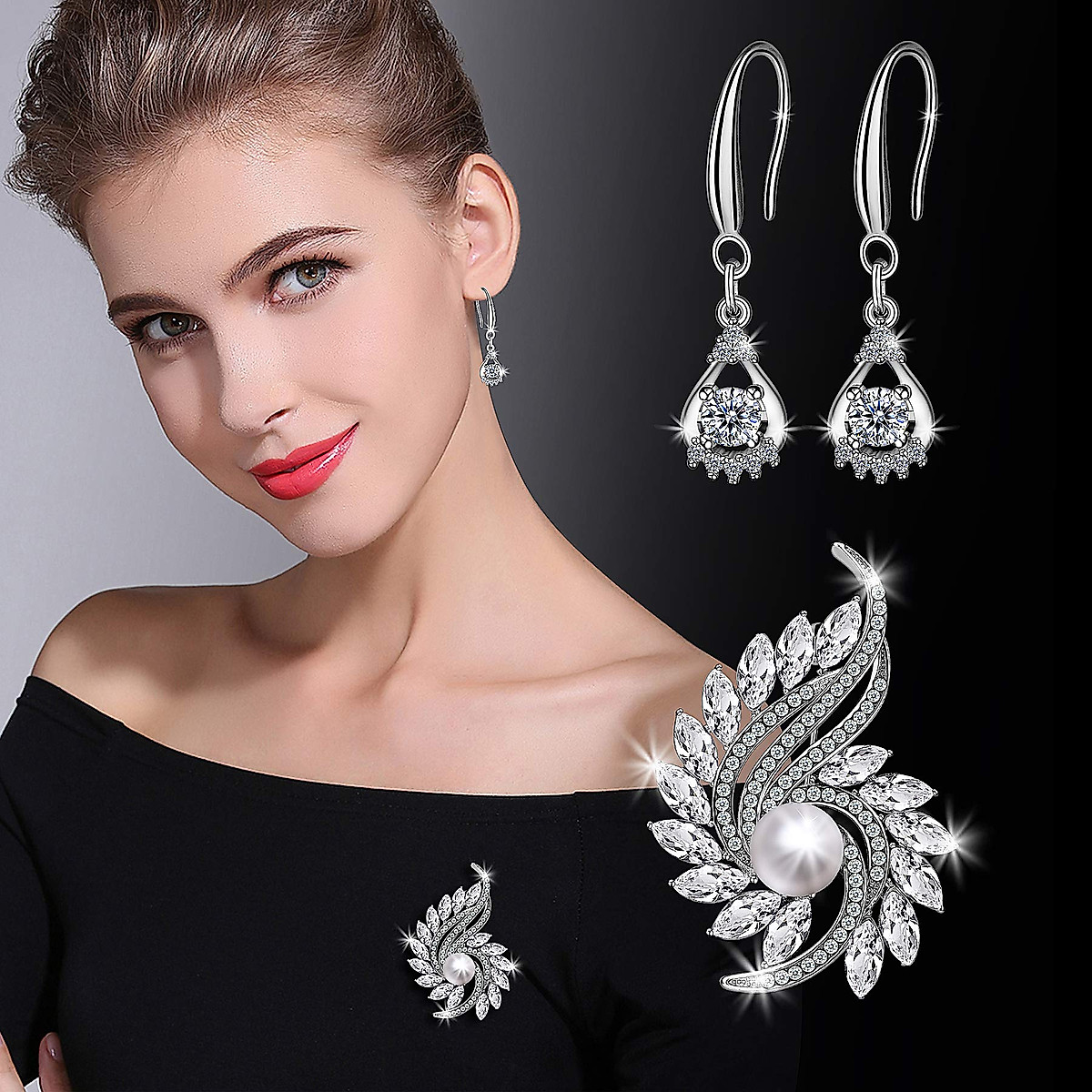BCCloud Party Holiday Wedding Brooch for Women and 925 Sterling Silver Earrings with Glitter Pearl Rhinestone Jewelry Set for Women