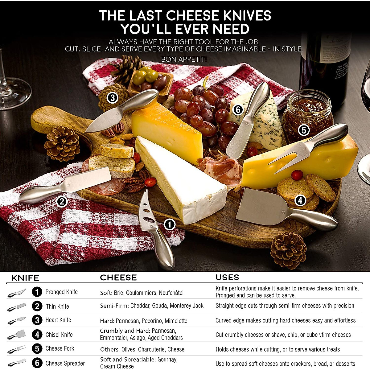 BURU Cheese Knives Set 6-Piece Stainless Steel Cheese Knife Set for Charcuterie with Spreader, Fork and Case with best cheese knives Great Gift Set and best cheese knife with full-length blades