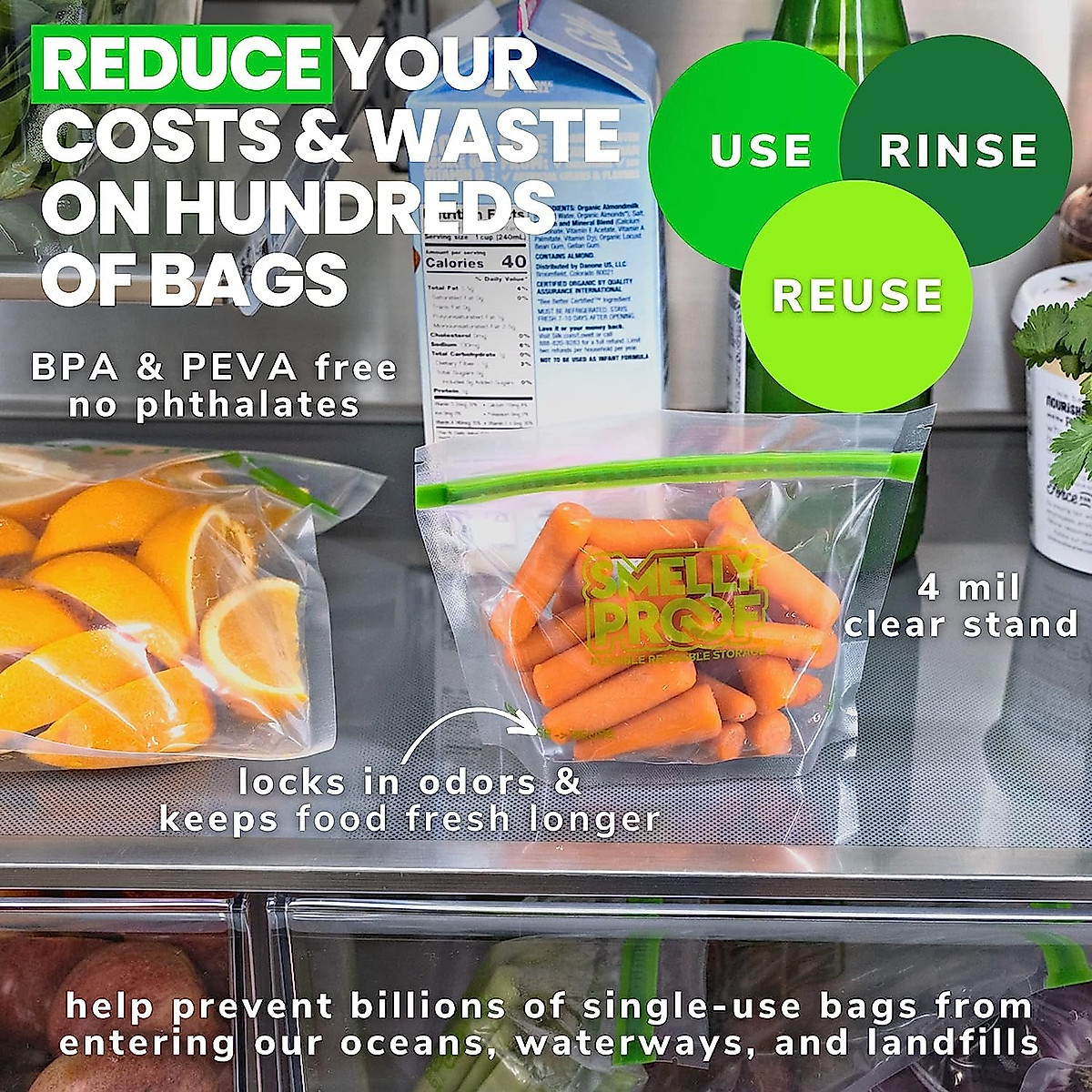 15 x Expandable Stand-Up & Fill REUSABLE Storage Bags for Food Designed & Mfg in US by Smelly Proof, PEVA & BPA FREE, Reusable Snack Bags, Dishwasher-Safe, Clear 3 mils STAND & FILL 6" x 4" - 15pk